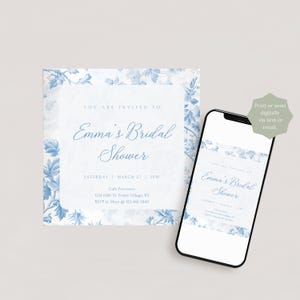 5x5 Blue and White Floral Invitation Blue Toile Bridal Shower Template ...