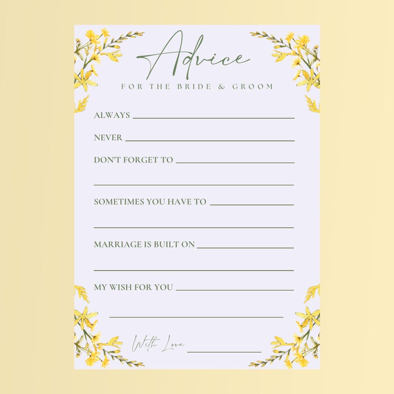 Yellow Flower Bridal Shower Advice Cards Purple Garden Party Wedding ...