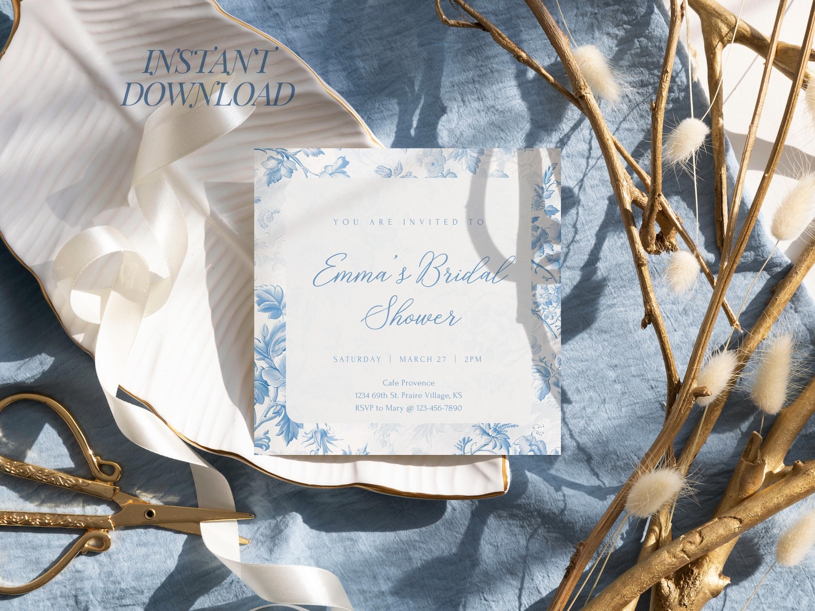 5x5 Blue and White Floral Invitation Blue Toile Bridal Shower Template ...