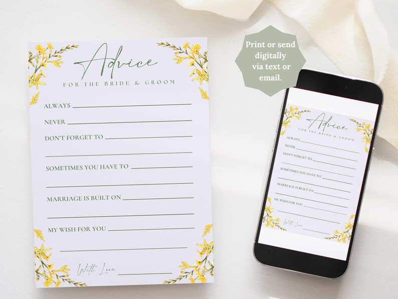 Yellow Flower Bridal Shower Advice Cards Purple Garden Party Wedding ...