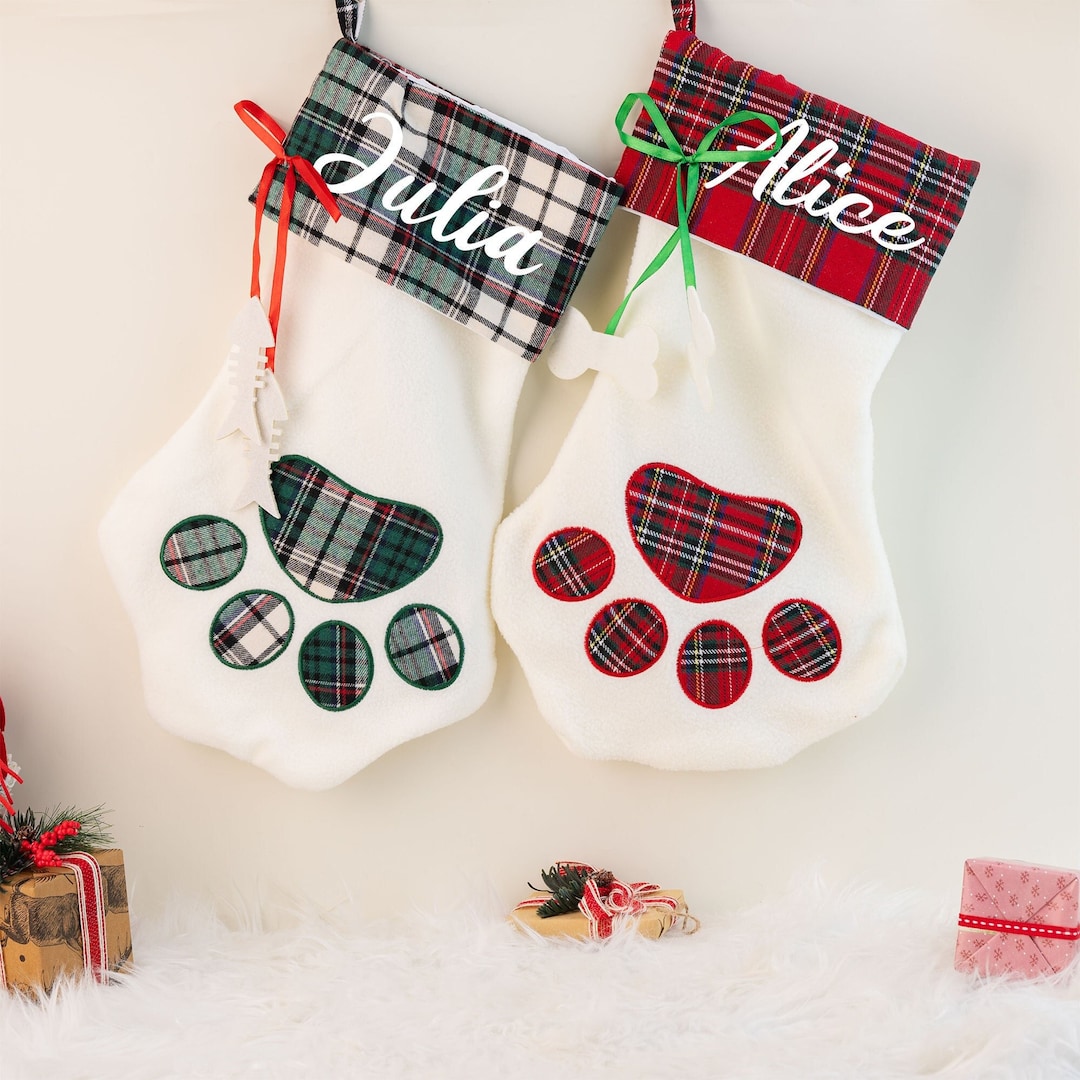 Personalized Dog Paw Christmas Stockings, Plaid Pet Stocking With Name ...