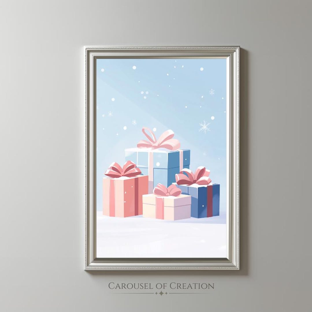Stacked Gift Boxes Wall Art Cute Cartoon Digital Print Pastel Christmas ...