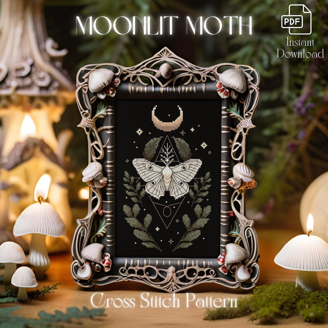 Mystic Cross Stitch Pattern - Moonlit Moth | Digital PDF Chart, Unique ...