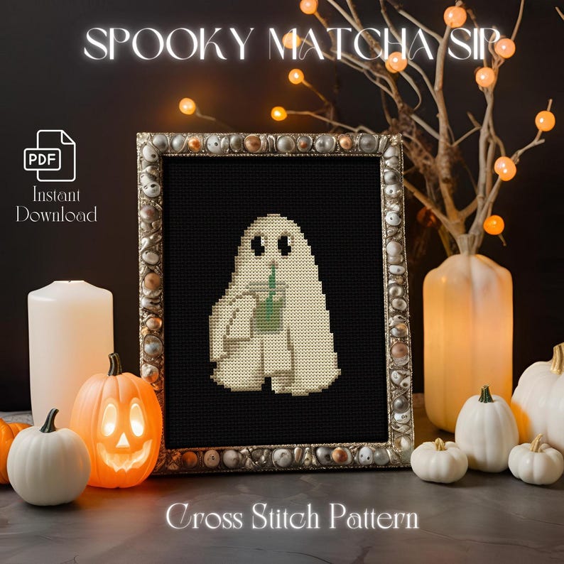 Mystic Cross Stitch Pattern - Spooky Matcha Sip | Digital PDF Chart ...