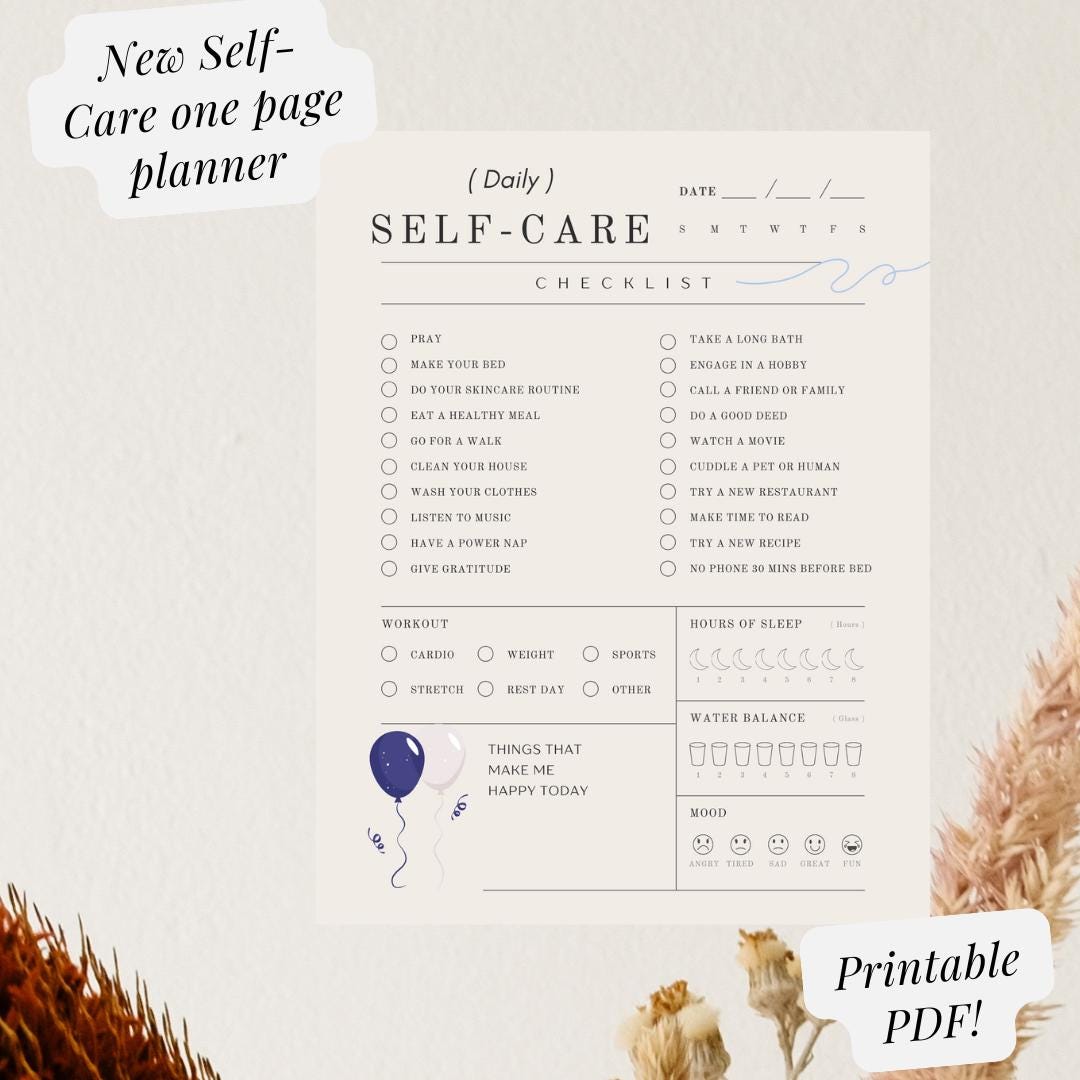 Daily Self Care Checklist, Self-care Plan, Daily Wellbeing Tracker - Etsy