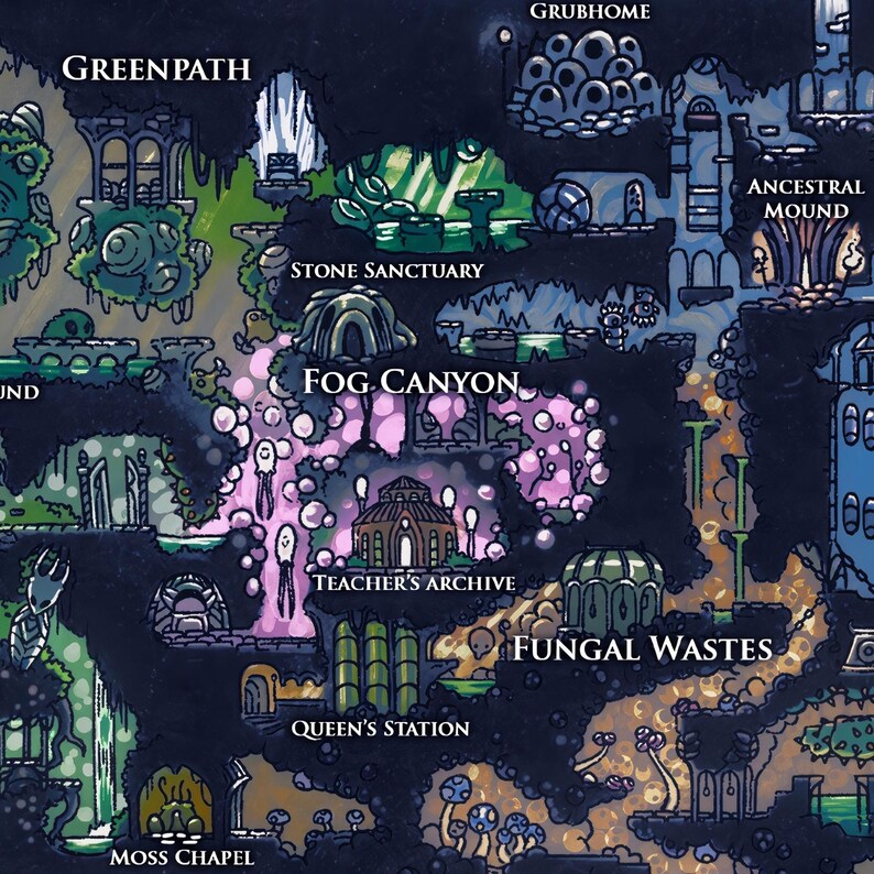 Hollow Knight Map, Hallownest Wall Art, Premium Canvas Print, Room ...