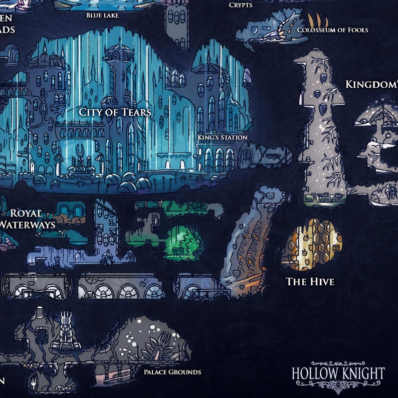 Hollow Knight Map, Hallownest Wall Art, Premium Canvas Print, Room ...