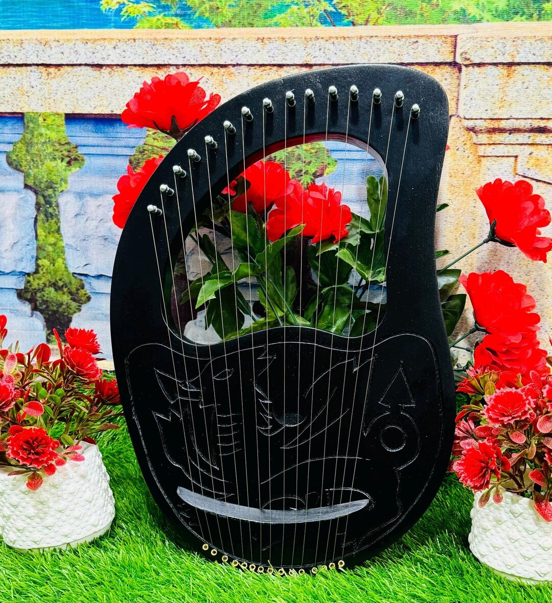 Lyre Harp 16 METAL STRINGS Deer Design/lyra Harp/engraved With Carrying ...