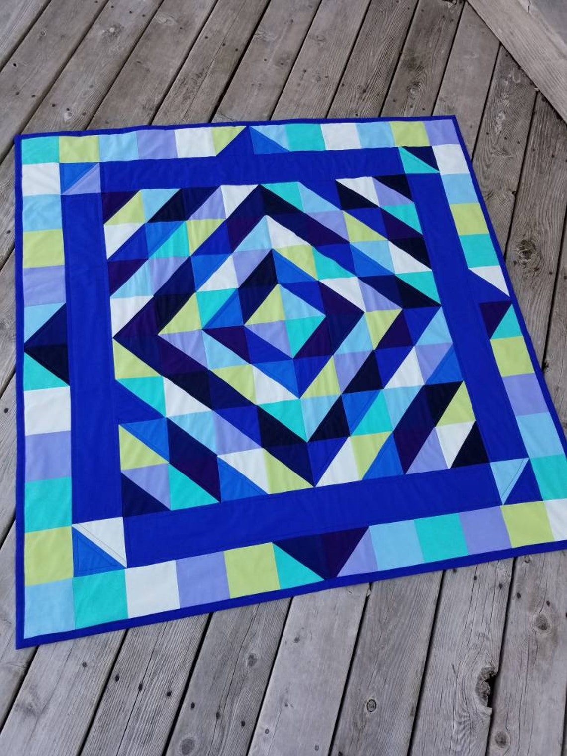 Blue square geometric quilt in solid blues throw quilt lap | Etsy