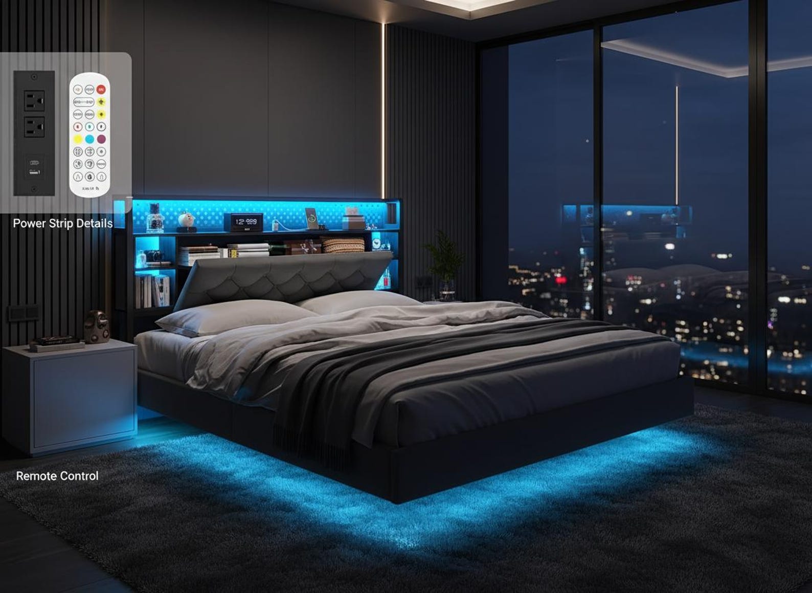Multifunctional Floating Bed Frame With Storage Headboard, LED Platform ...