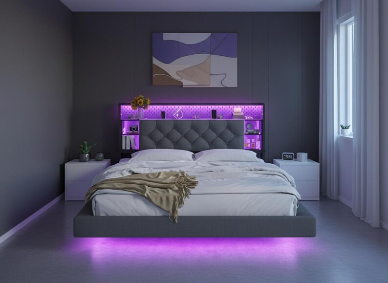 Multifunctional Floating Bed Frame With Storage Headboard, LED Platform ...