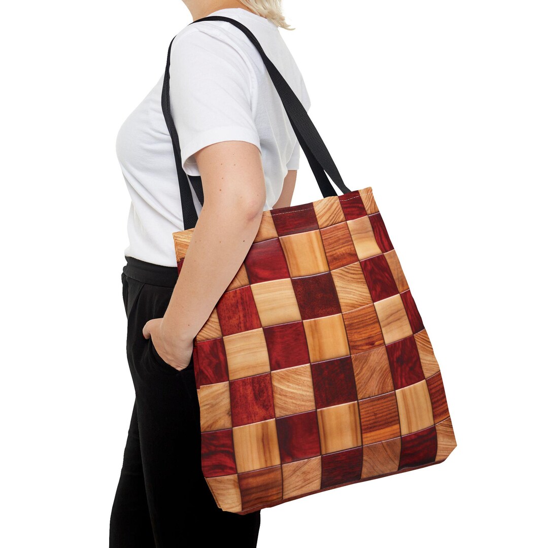 Wooden Checkerboard Tote Bag | Wood Grain Squares Pattern - Etsy