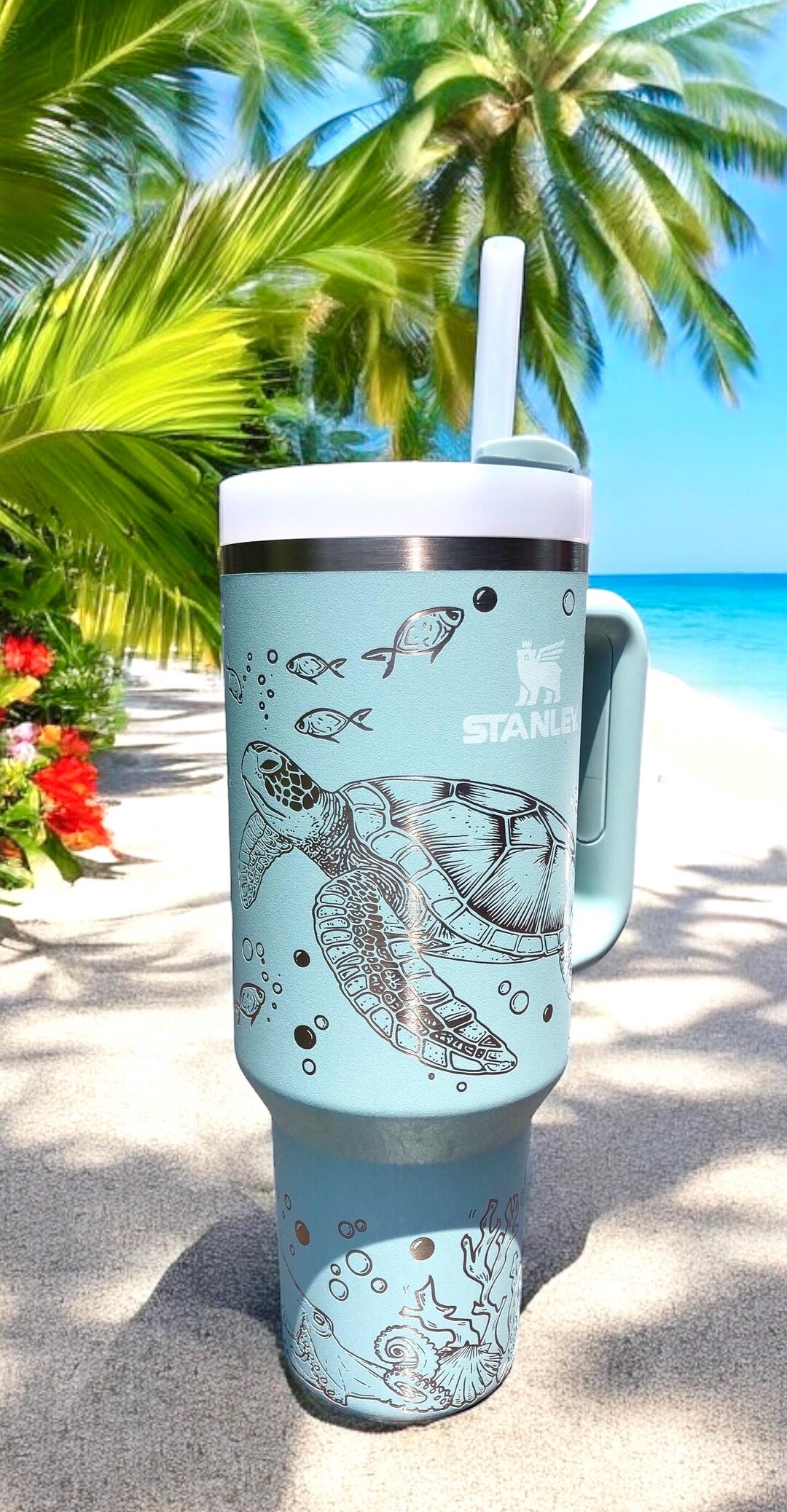 Ocean Scene Engraved Sea Turtle Tumbler, Sea Turtle and Octopus 40 Oz ...