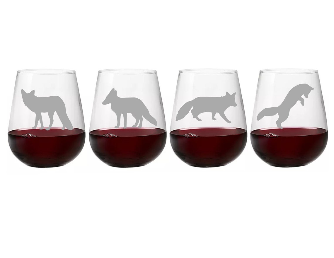 Etched Fox Wine Glasses: Stemless Barware, Wild Animal Design (set of 2 ...