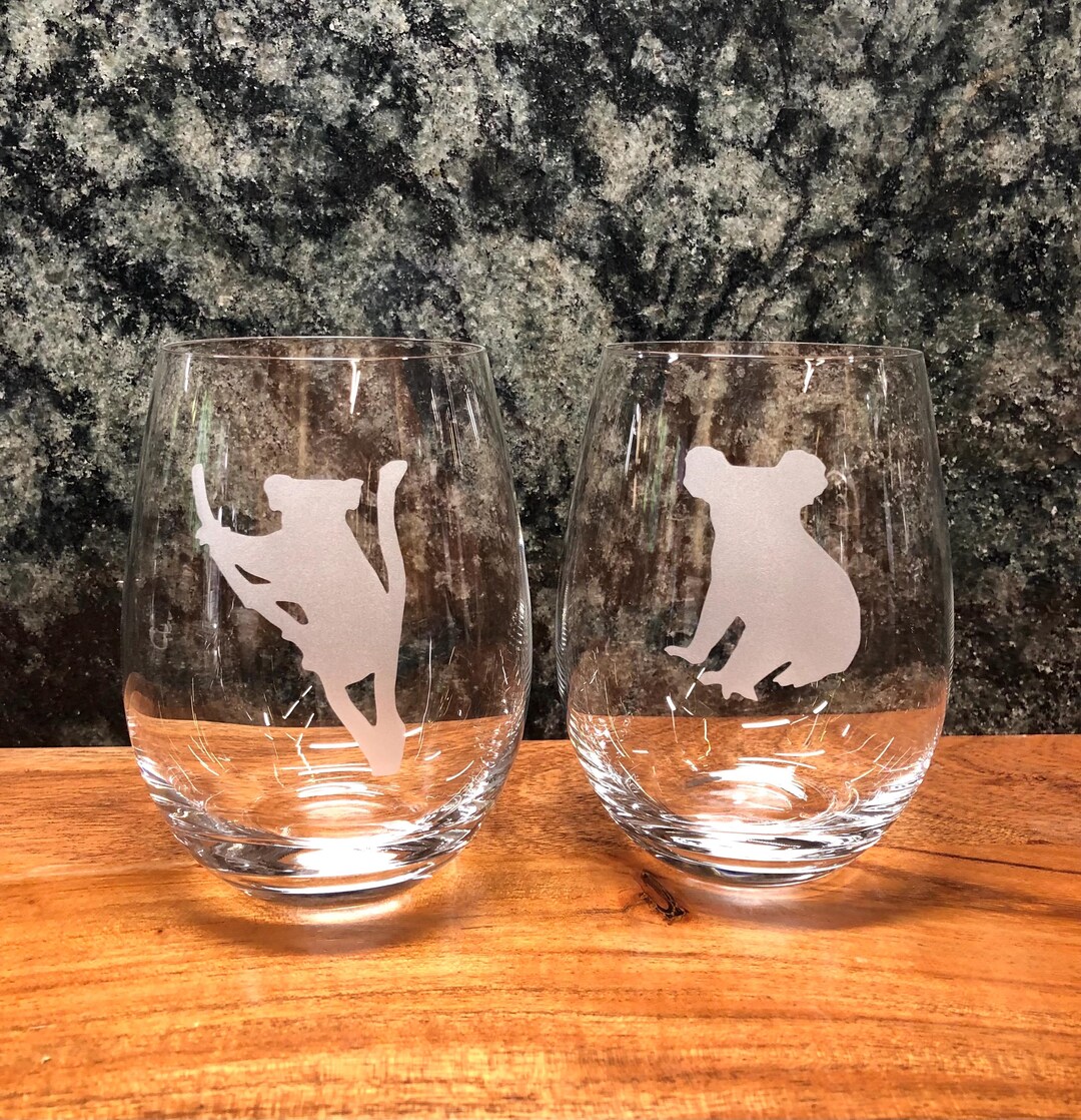 Etched Koala Bear Wine Glasses: Stemless Crystal Glassware, Koala Lover ...
