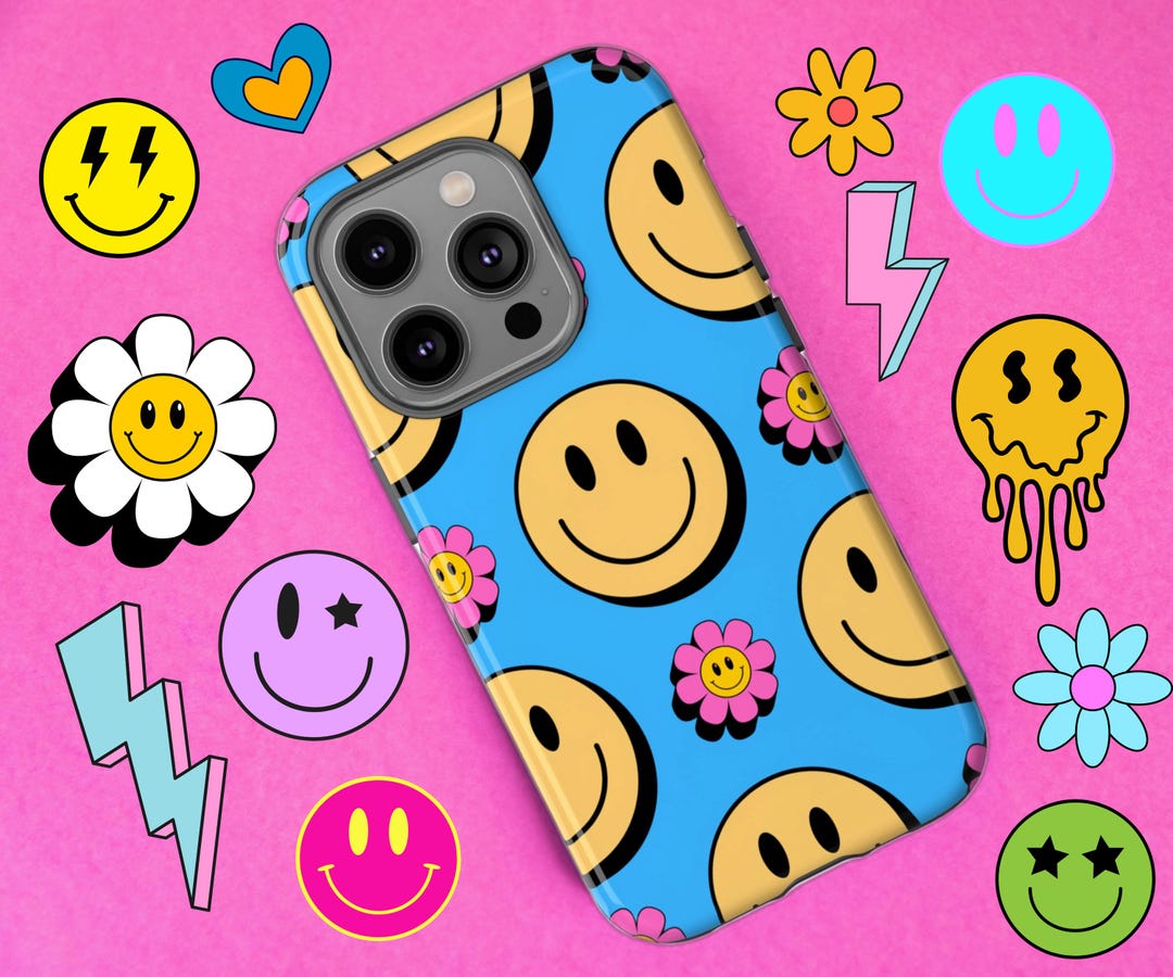 Happy Smiley Face & Flowers iPhone Case, Tough, iPhone 16 15 14, Groovy ...
