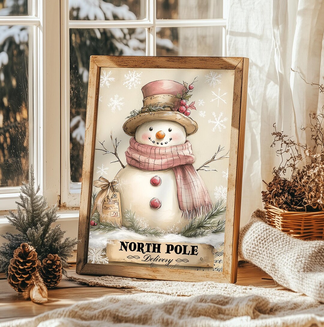 North Pole Delivery Snowman Sign Vintage Christmas Wall Art, Festive ...