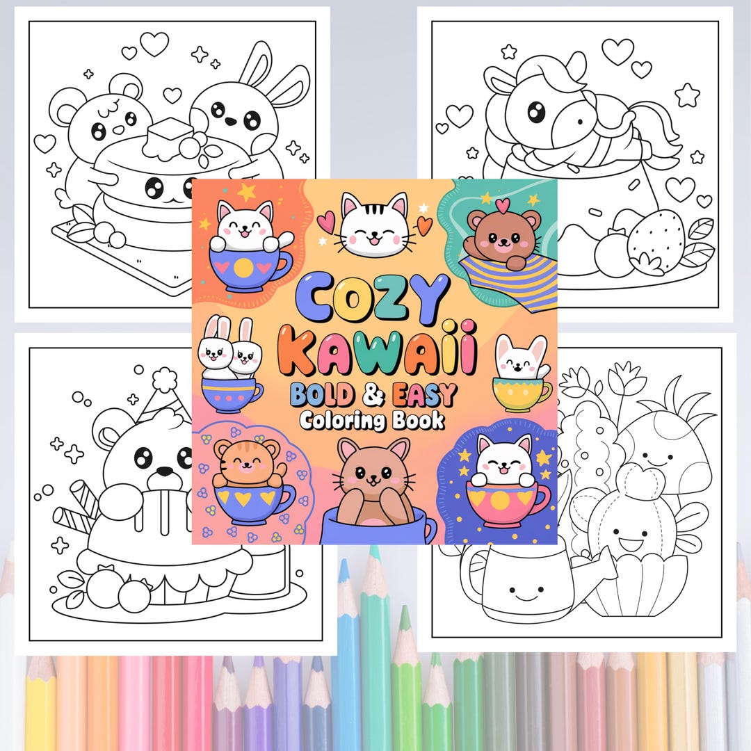 Cozy Kawaii Coloring Pages, Bold and Easy Coloring Book, Instant ...