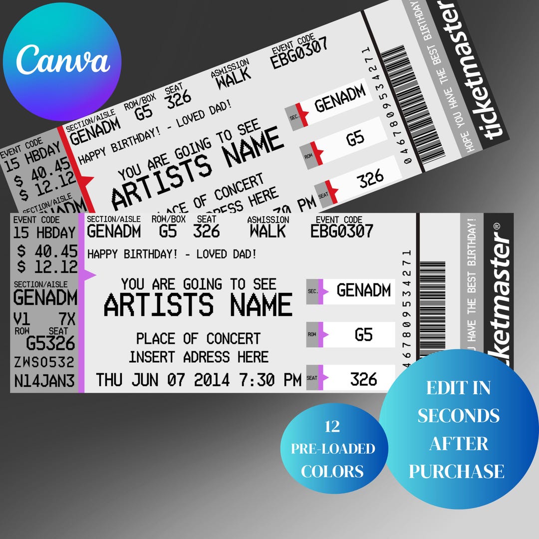 Ticketmaster Concert Ticket Template Instant Download Birthday Gift ...