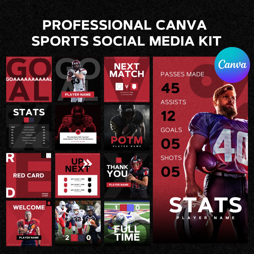 Sports Team Professional Canva Social Media Kit Templates - 20 Editable ...
