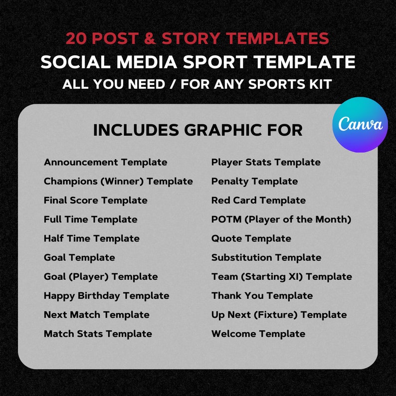 Sports Team Professional Canva Social Media Kit Templates - 20 Editable ...