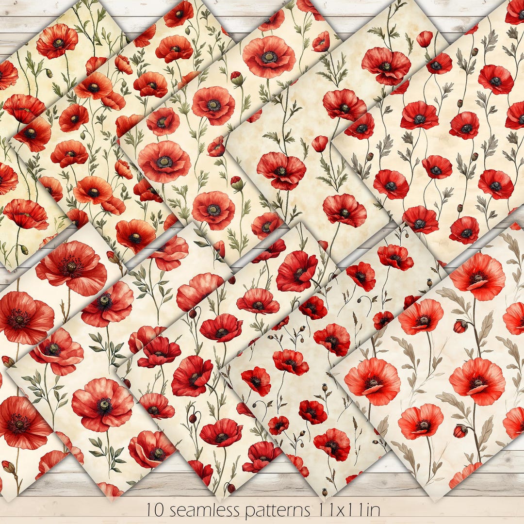 Vintage Poppy Seamless Pattern Watercolor Poppy Digital Paper Subtle ...