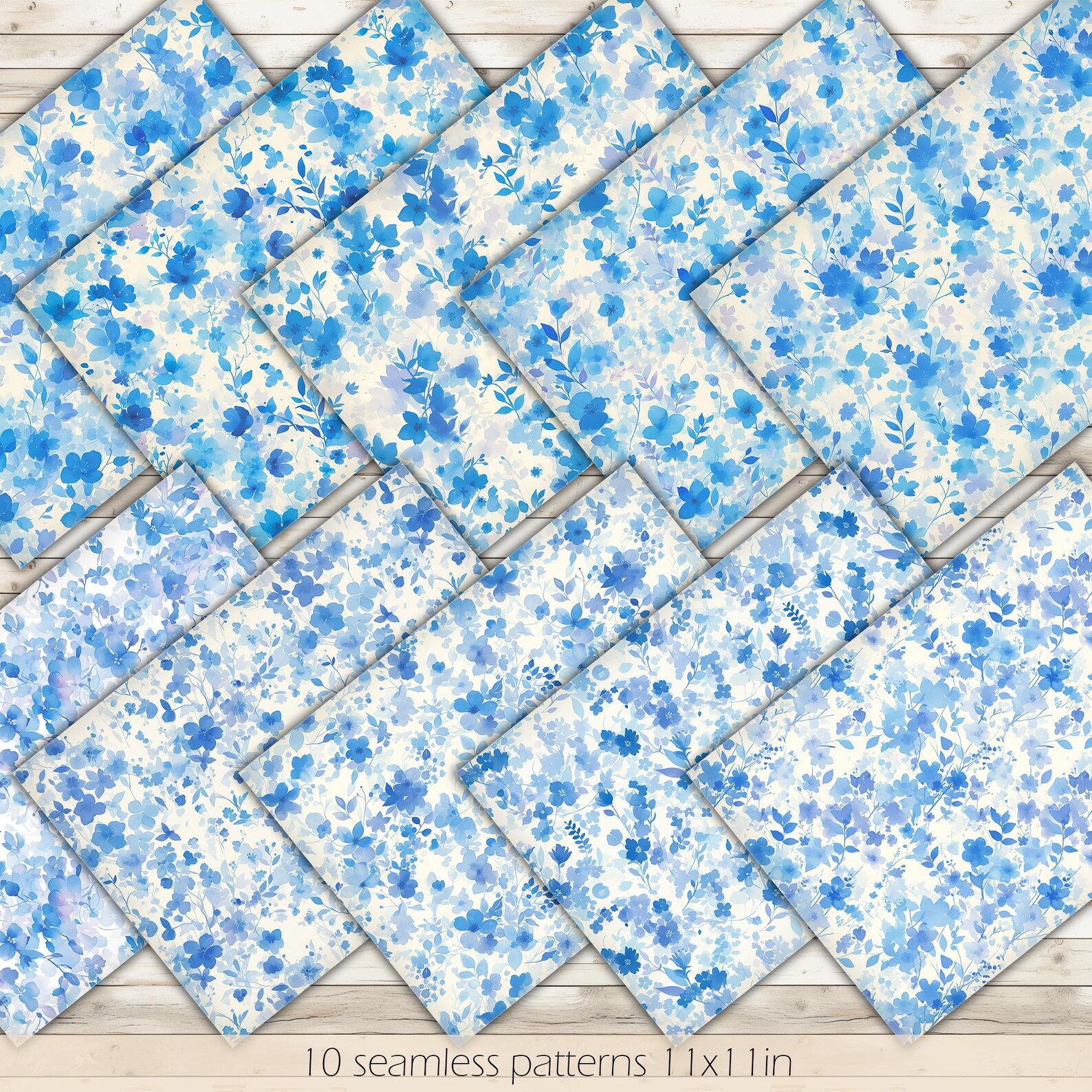 Blue Watercolor Floral Digital Paper Blue Watercolor Printable Paper ...
