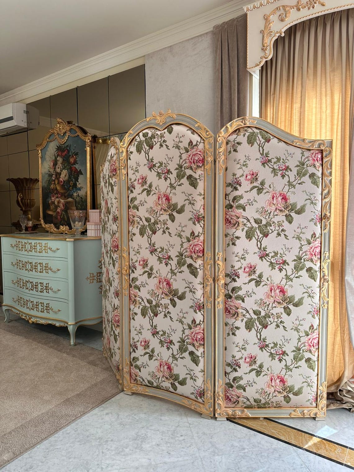 Classic Handmade Upholstered Screen Panel With Rose-patterned Fabric - Etsy