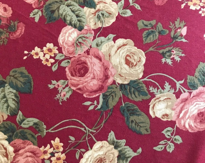 Vintage French Country Red Floral Fabric Garden Roses in Pink Cream ...