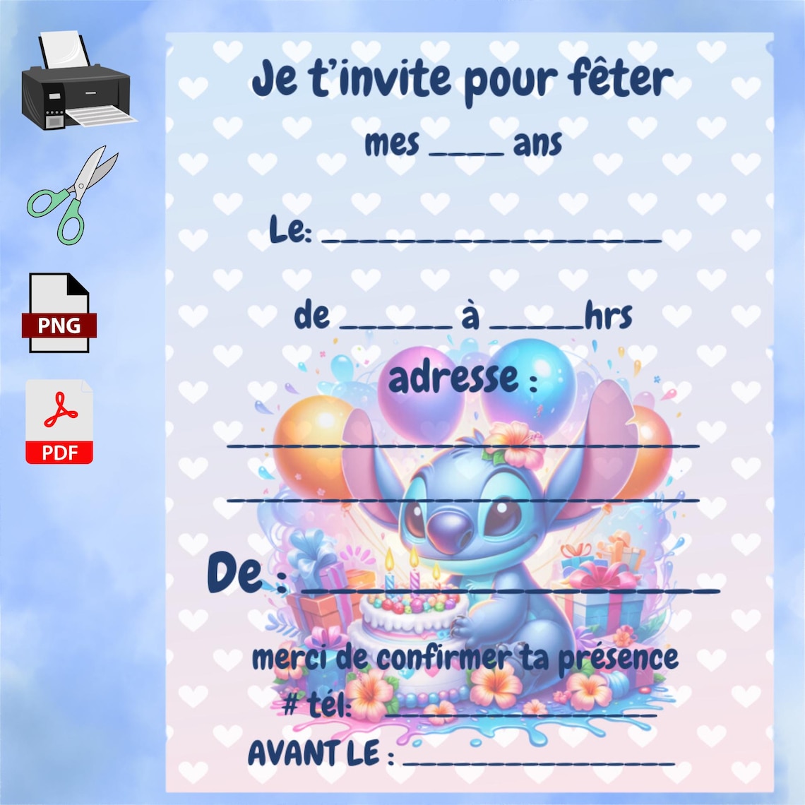 Carte invitation et son enveloppe assortie, STITCH, enfant, imprimer ...