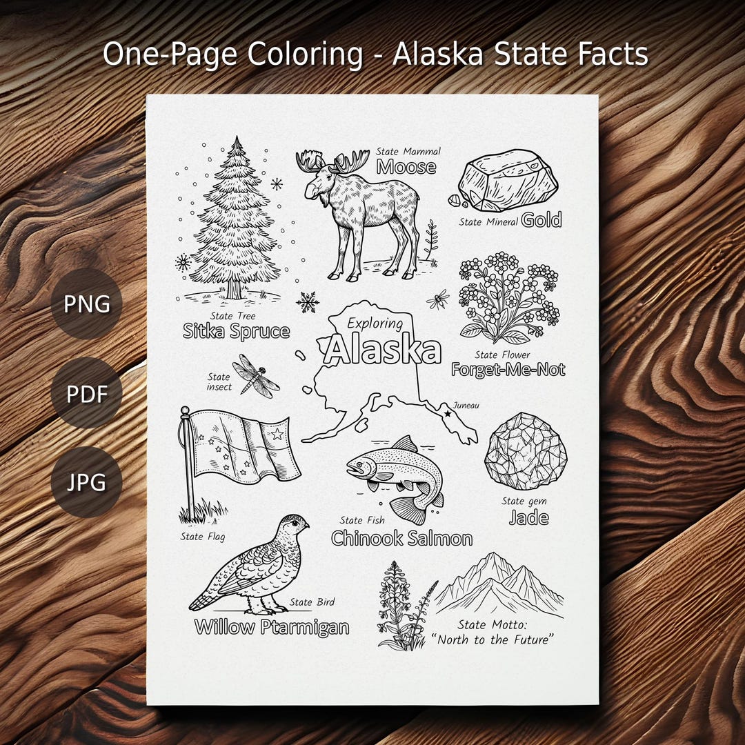 Alaska Coloring Page - State Facts for Kids & Adults | One-page ...