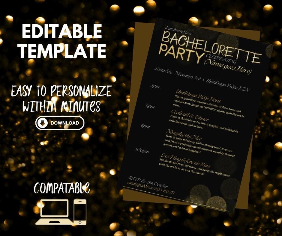 Bachelorette Invitation | Editable CANVA Template| Black and Gold ...