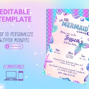Mermaid Birthday Party Invitation | Editable CANVA Template| Underwater ...