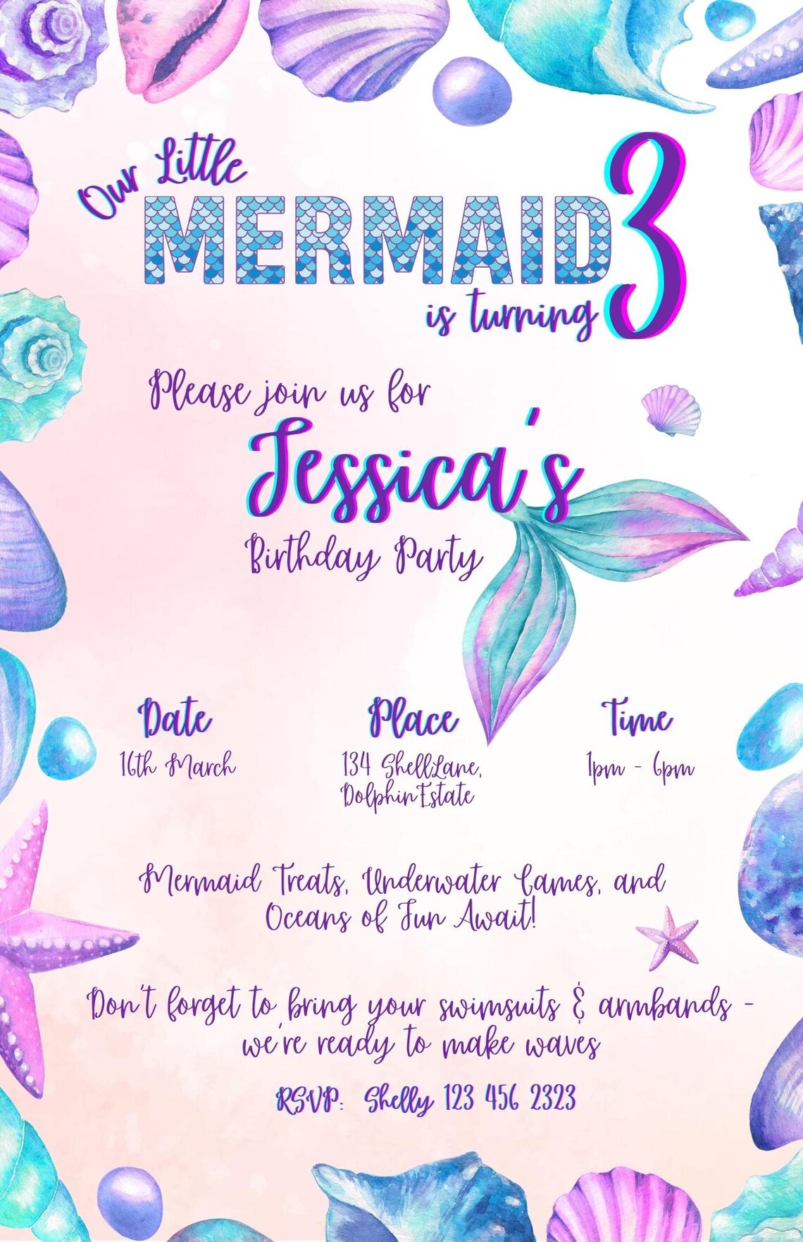 Mermaid Birthday Party Invitation | Editable CANVA Template| Underwater ...