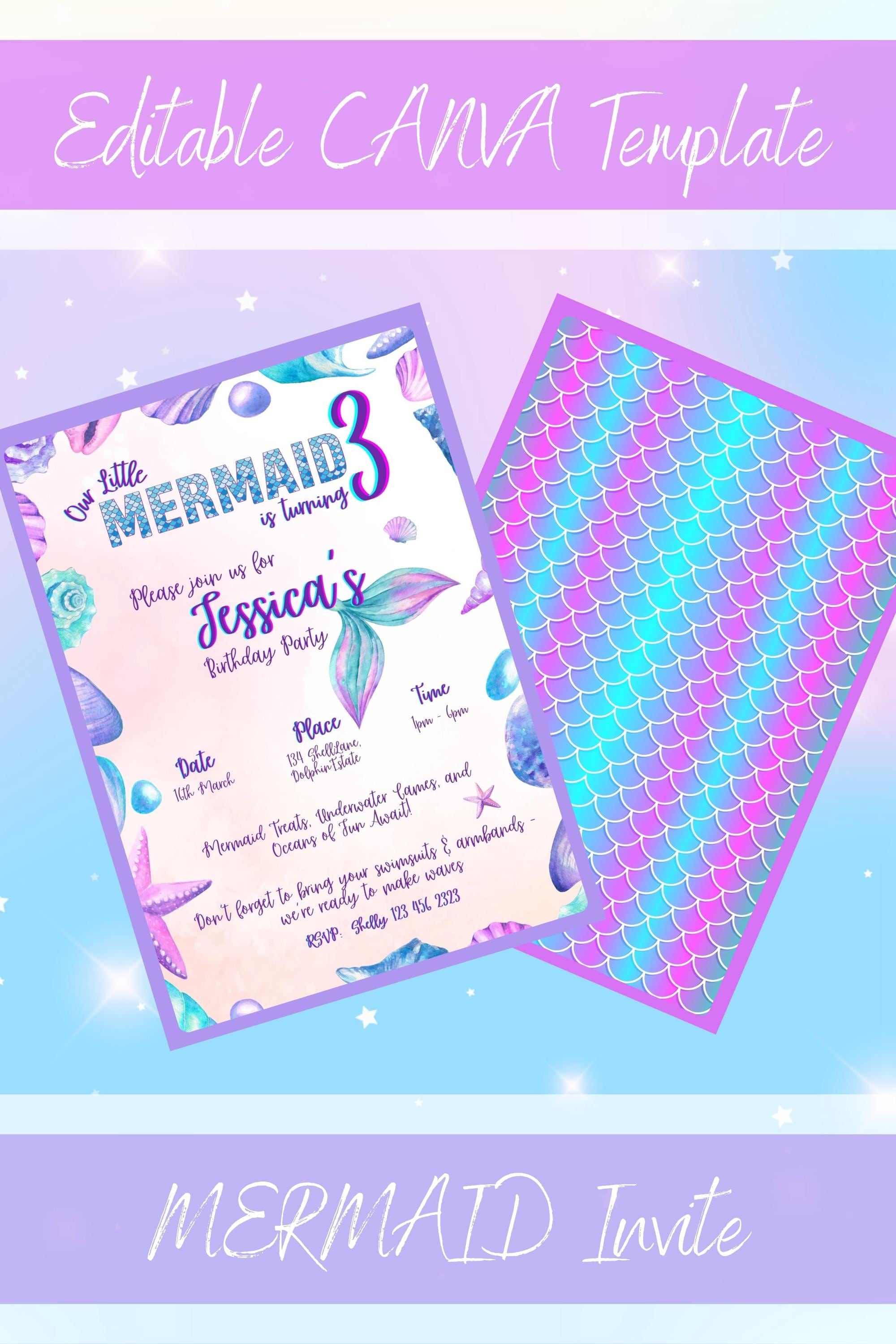 Mermaid Birthday Party Invitation | Editable CANVA Template| Underwater ...