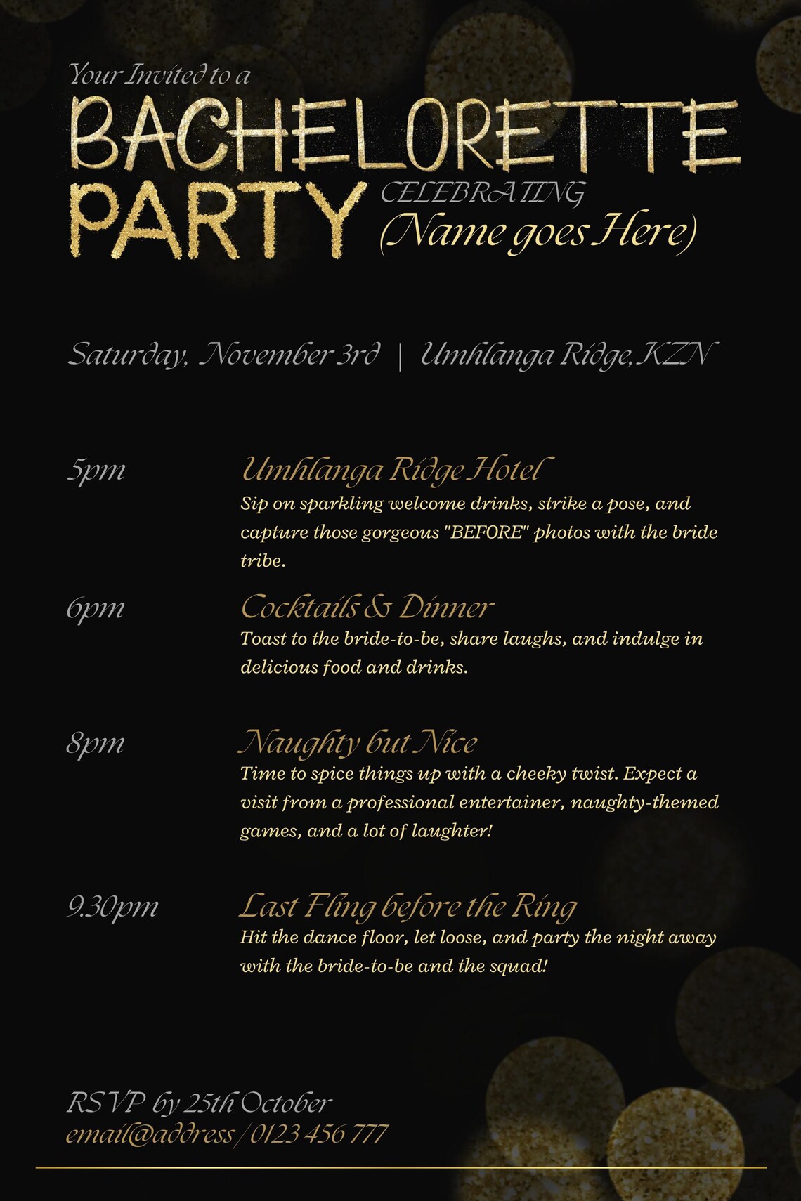 Bachelorette Invitation Editable CANVA Template Black and Gold Invite ...