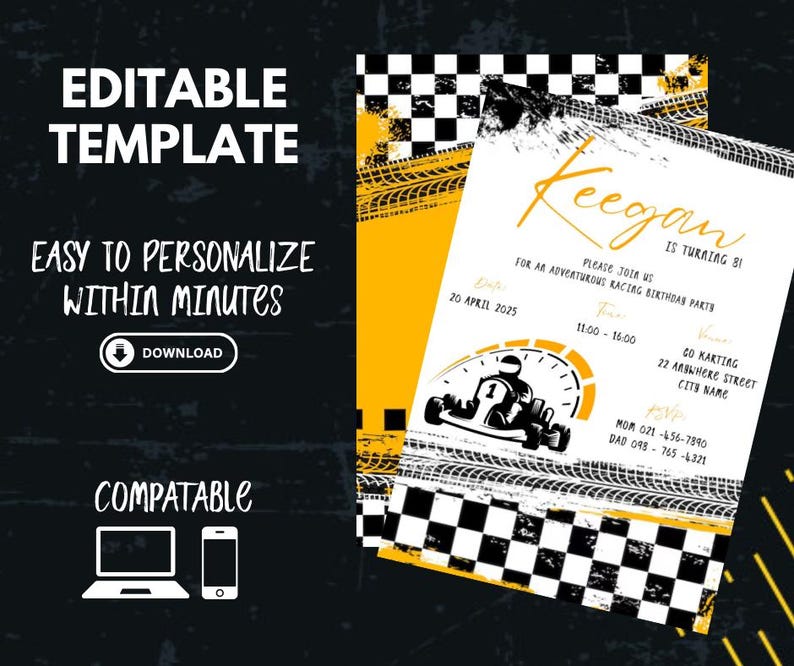 Go Karting Birthday Party Invitation | Editable CANVA Template| Racing ...