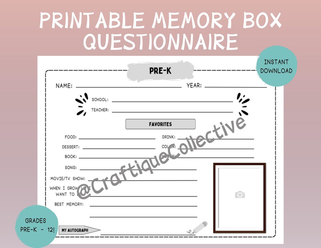 School Memory Box Folder Cover, Questionnaire, Pre-k 12th, PDF Instant ...