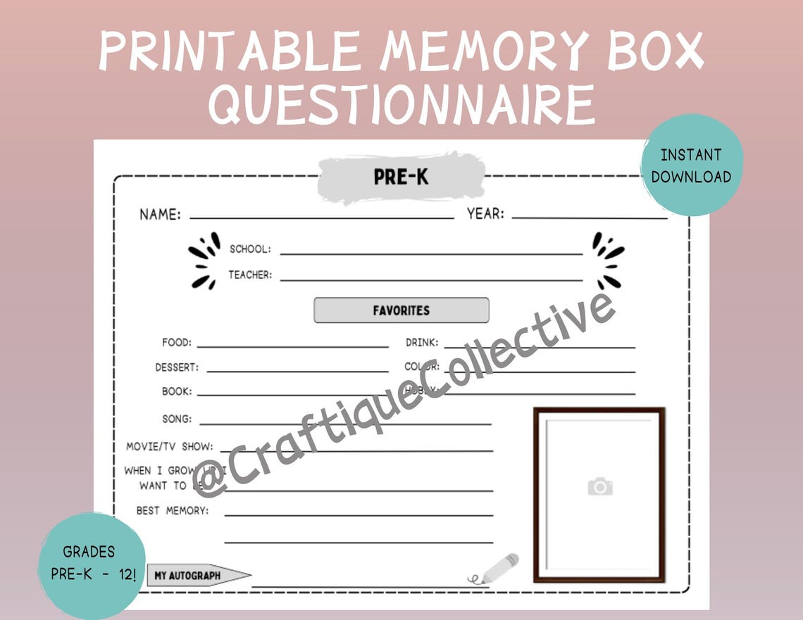 School Memory Box Folder Cover, Questionnaire, Pre-k - 12th, PDF ...