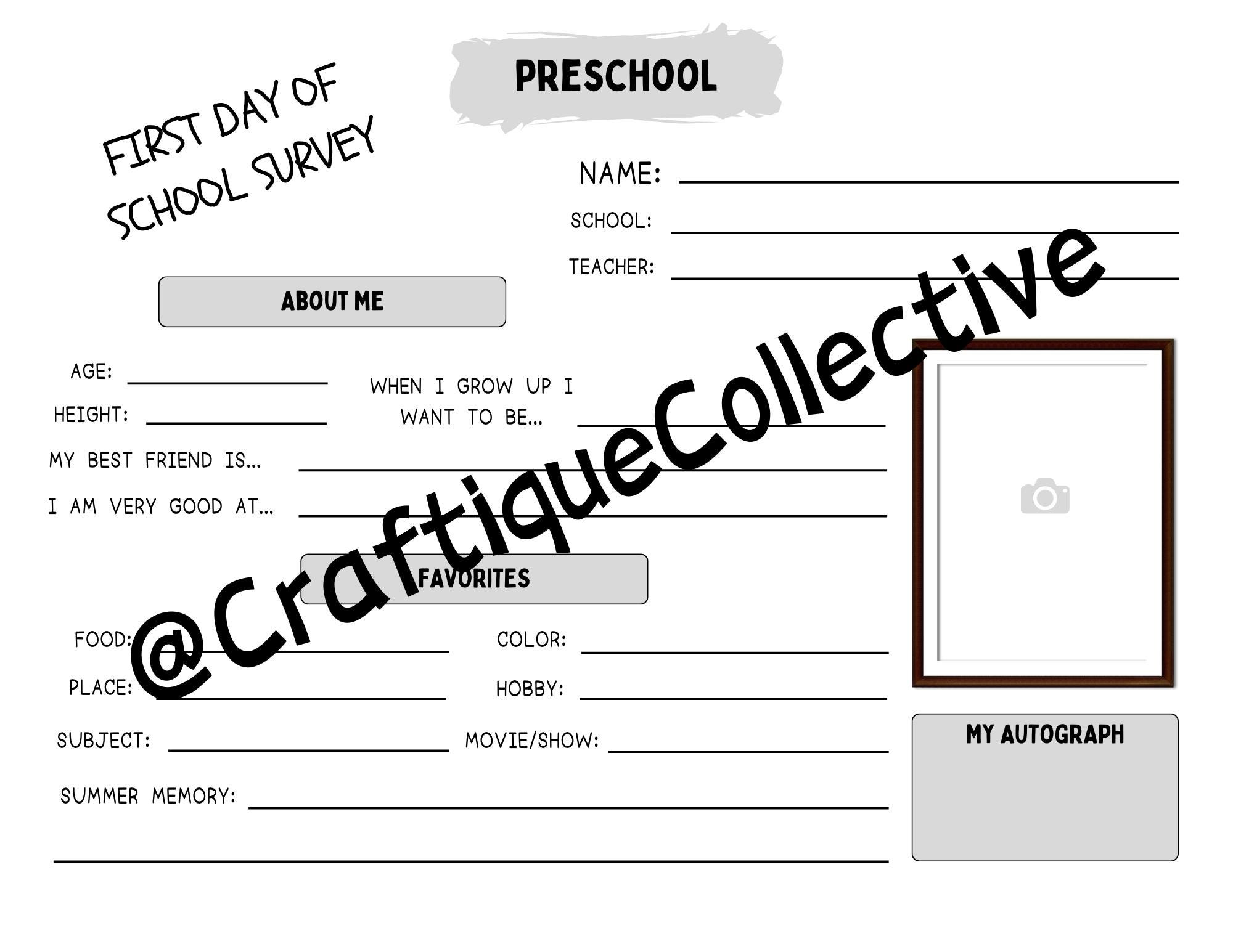 School Year Memory Questionnaire, First Day/last Day, Grades Preschool ...
