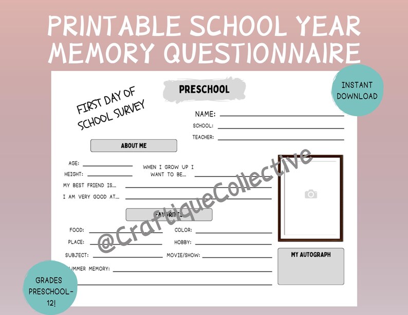 School Year Memory Questionnaire, First Day/last Day, Grades Preschool ...