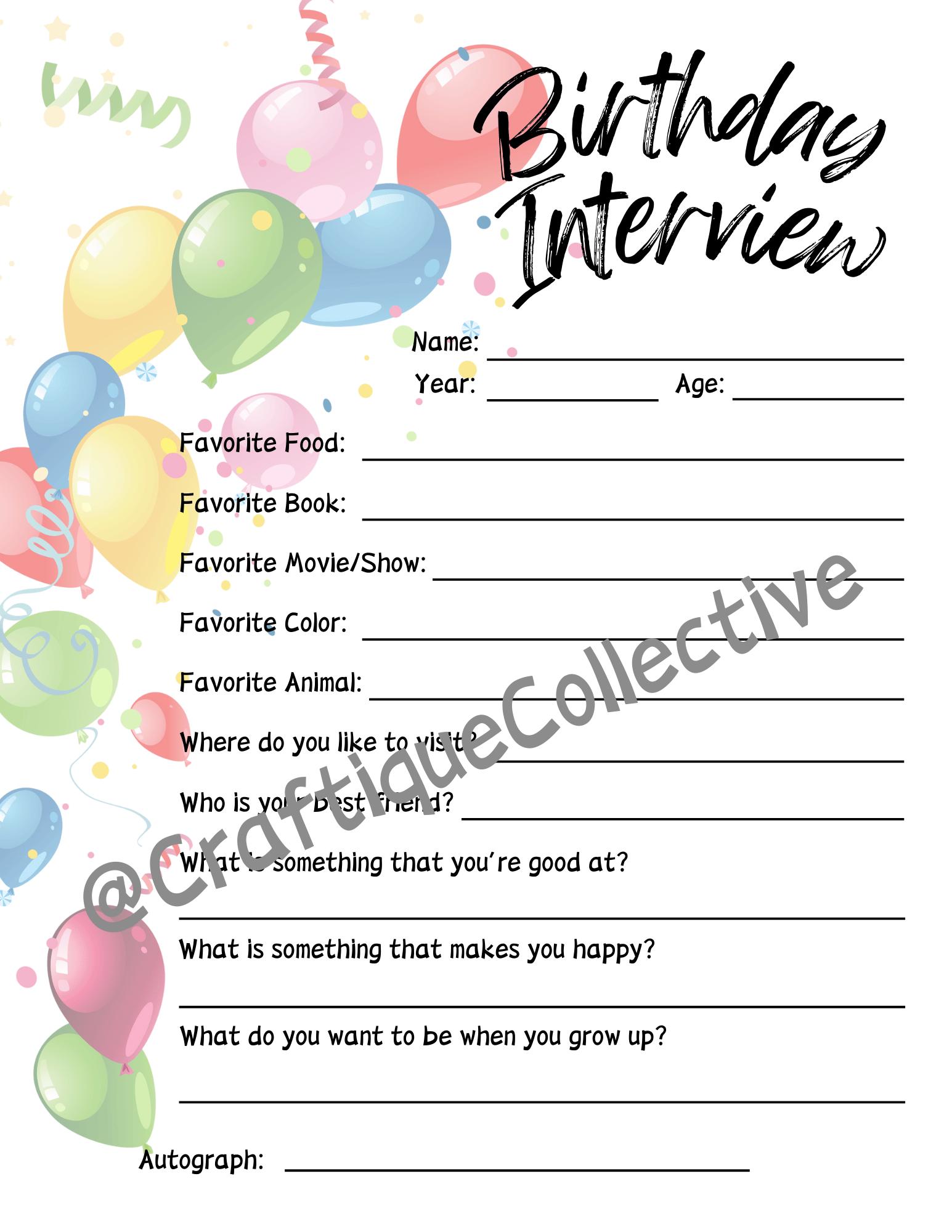 Birthday Interview -- PDF Template - Printable - Etsy