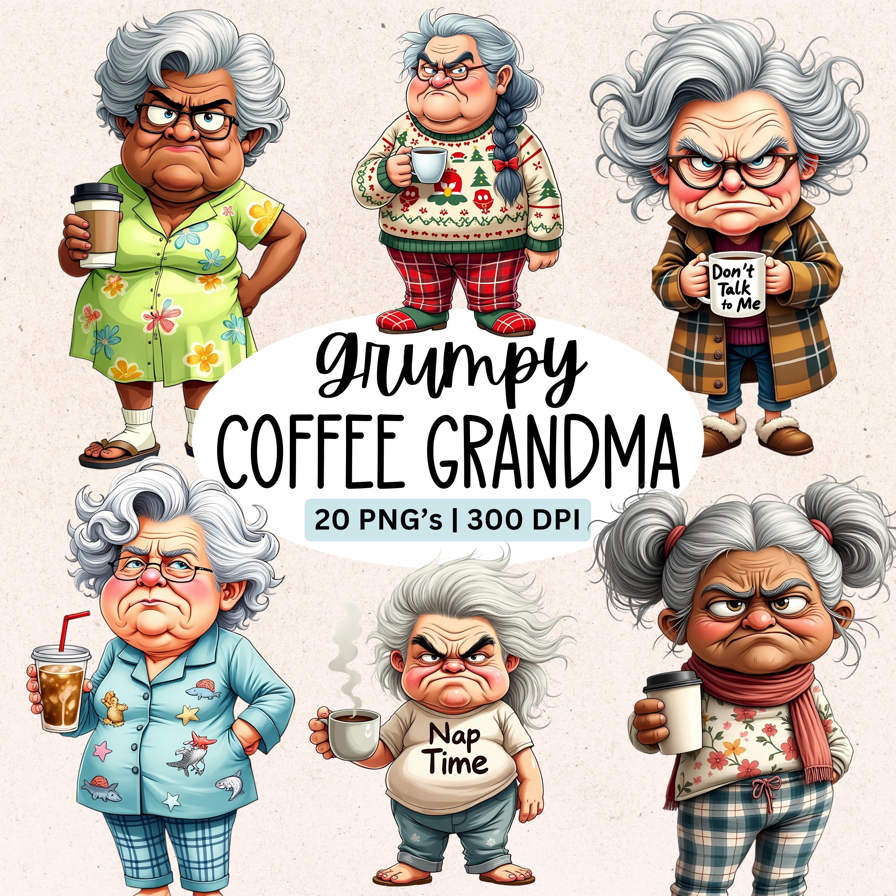 Grumpy Grandma Clipart Set, Coffee Lover PNG, Funny Old Lady Graphics ...