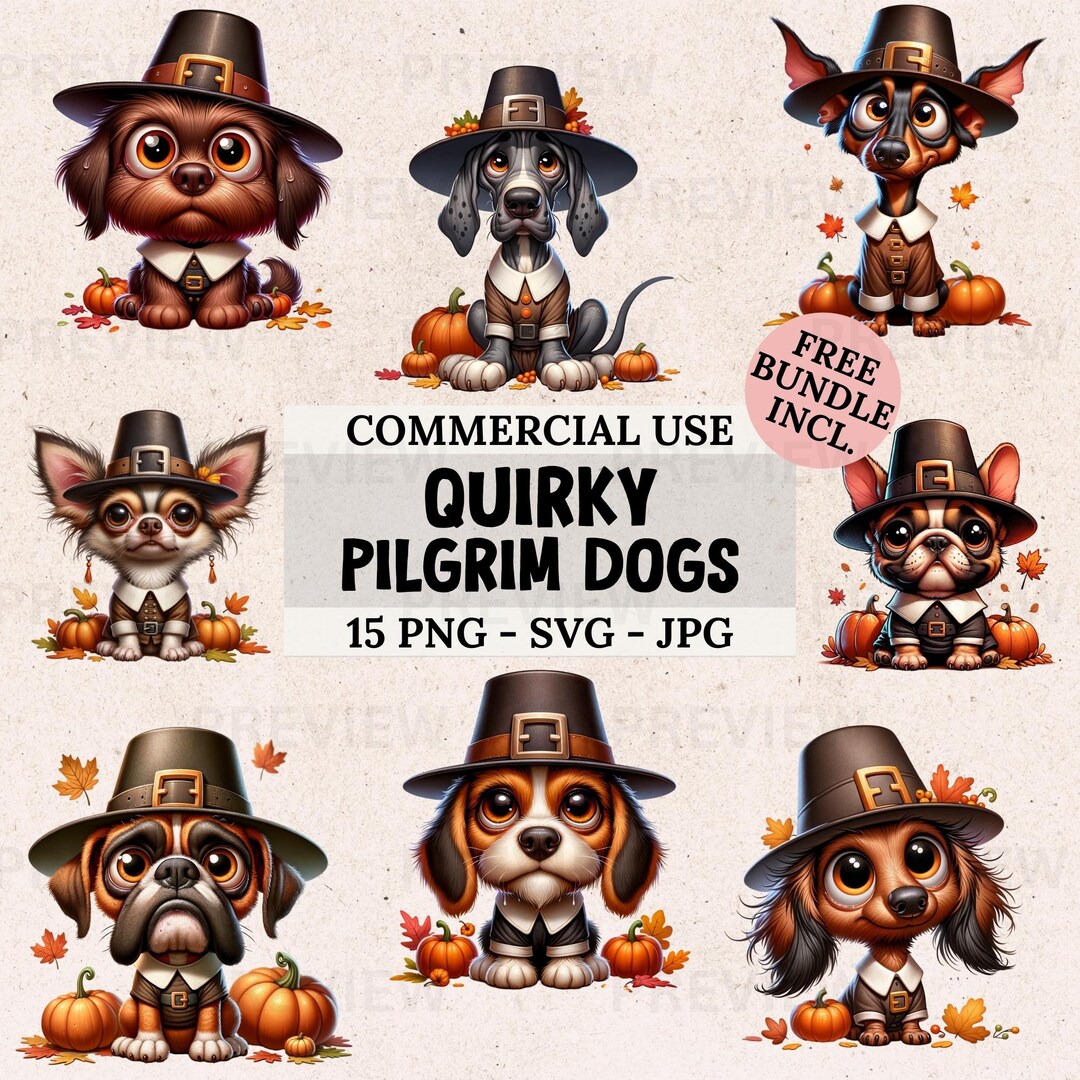 Quirky Pilgrim Dogs Clipart Set, 15 Whimsical Thanksgiving Puppy Images ...