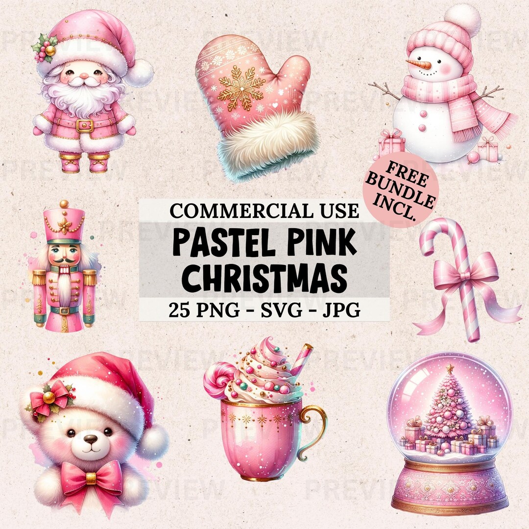 Pastel Pink Christmas Clipart Set: 25 Watercolor Images (PNG SVG JPG ...