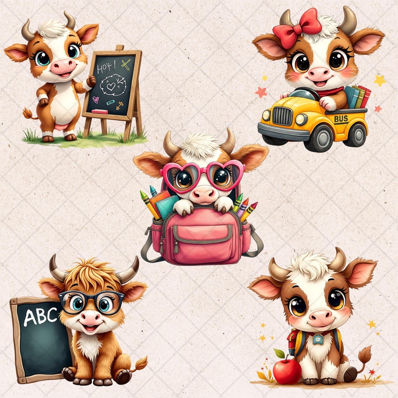 Back to School Highland Cow Clipart, Cute Farm Animal PNG, Classroom ...