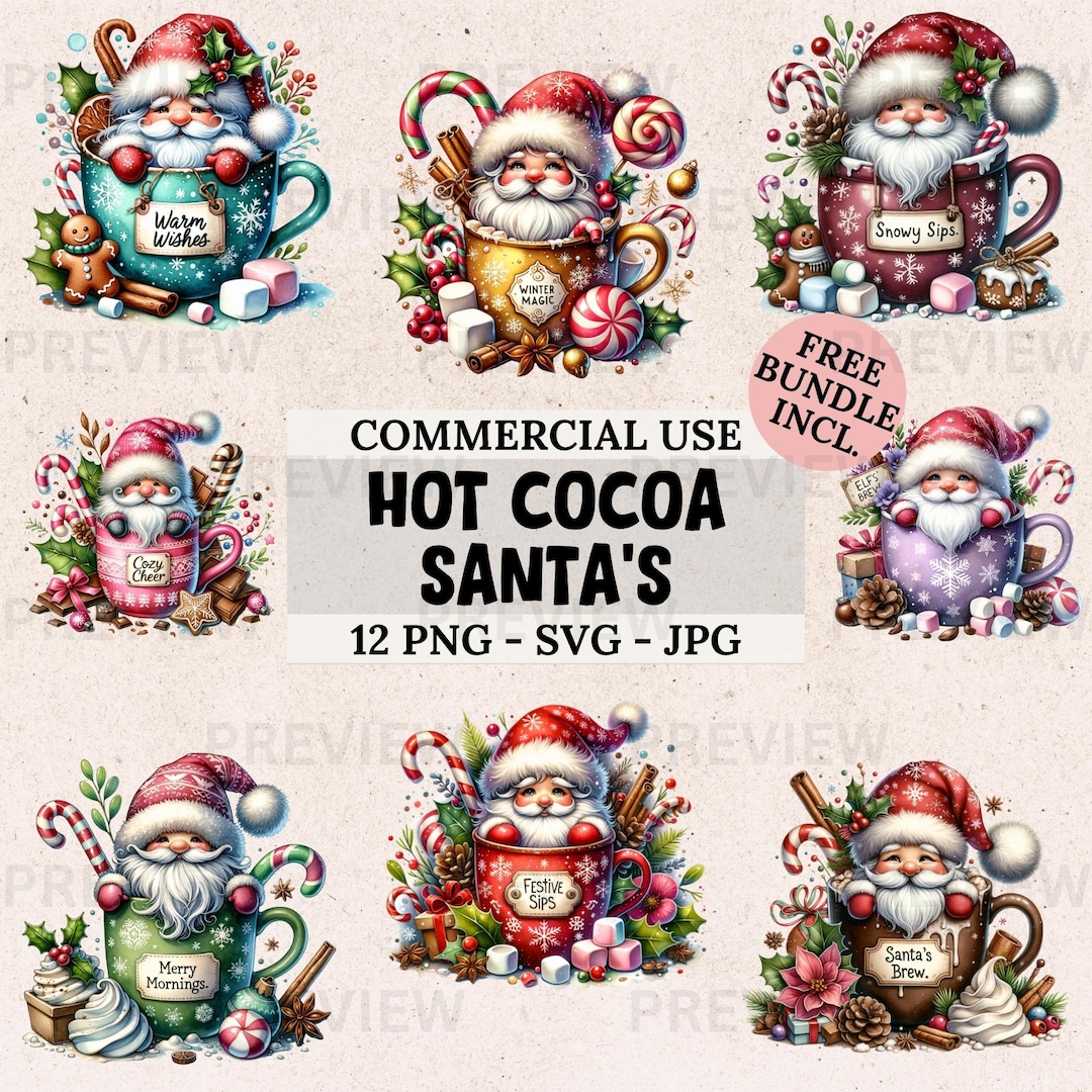 Watercolor Hot Cocoa Santa Clipart Set: Christmas PNG SVG JPG (digital ...