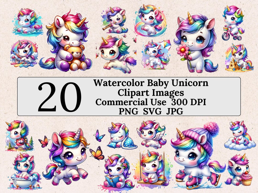 Watercolor Baby Unicorn Clipart Bundle, 20 Cute Baby Unicorn ...
