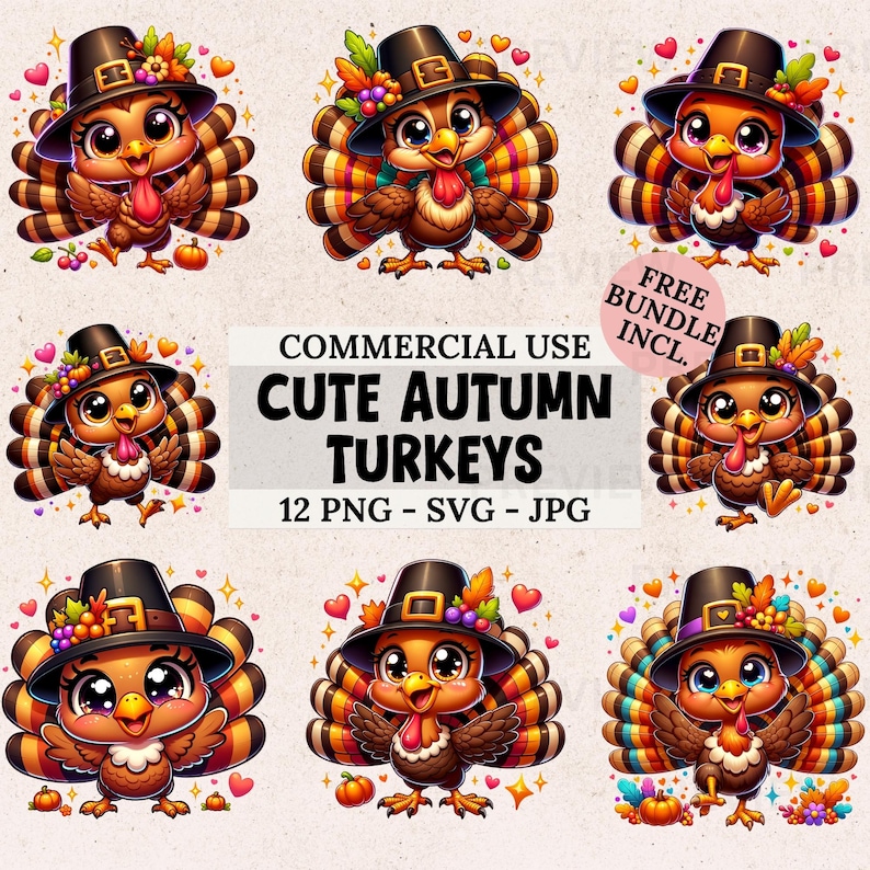 Cute Turkey Clipart Set. 12 Whimsical Thanksgiving Turkey Images ...