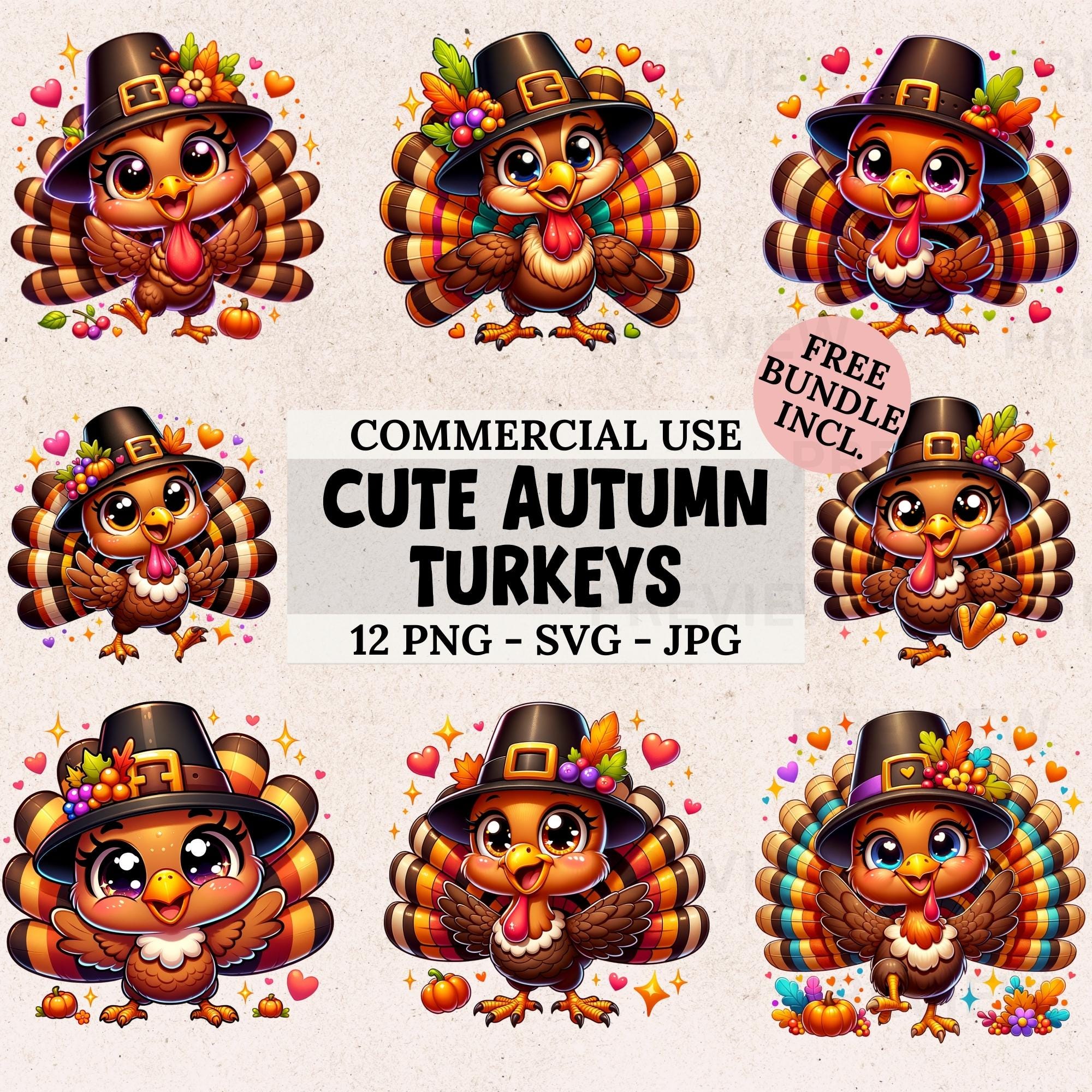 Cute Turkey Clipart Set. 12 Whimsical Thanksgiving Turkey Images ...